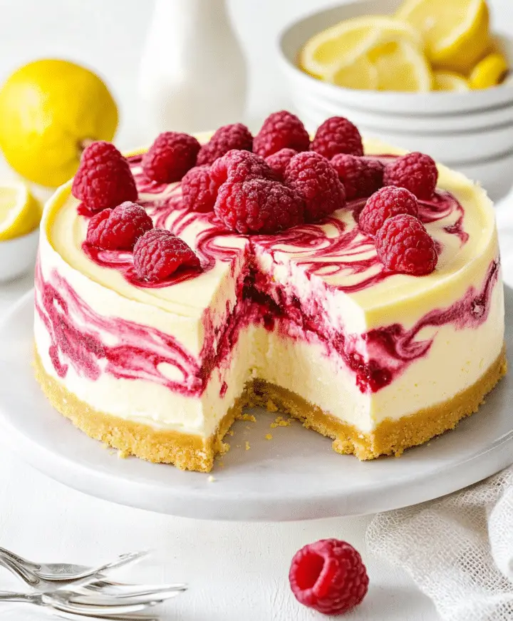 Lemon Raspberry Swirl Cheesecake Recipe - cookingwithtina.com
